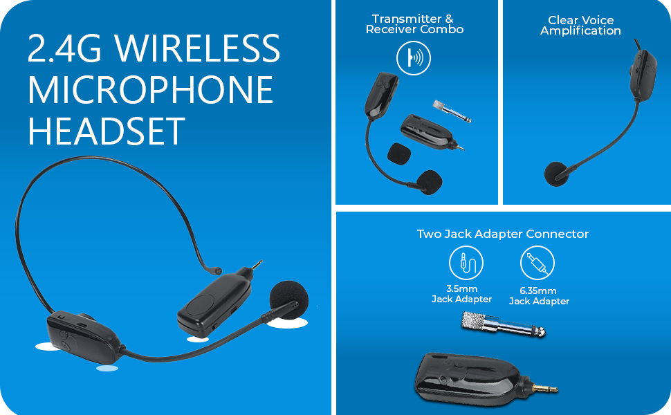 2.4G Wireless Headset Mic with Receiver & 3.5mm to 6.35mm Jack Adapter Connector, Wireless ...