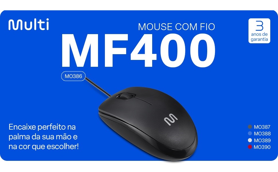 Mouse Com Fio MF400 Conexão USB 1200dpi Cabo de 180cm 3 Botões Clique Silencioso Preto Multi ...