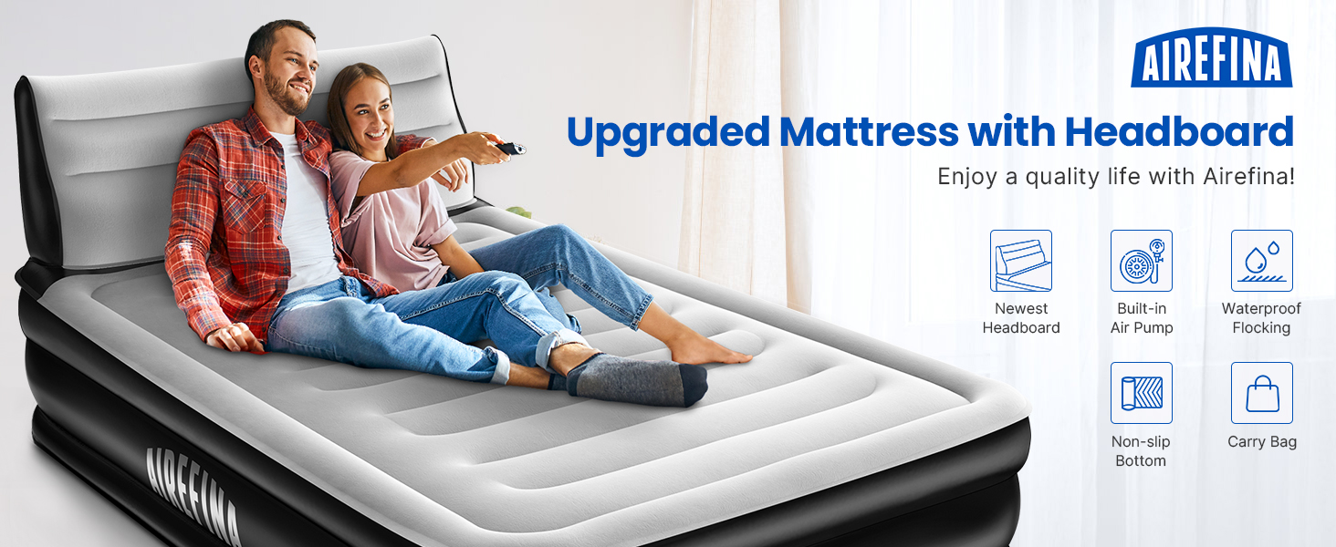 Airefina Full Air Mattress with Headboard, Full-Size Inflatable Bed with Built-in Pump ...