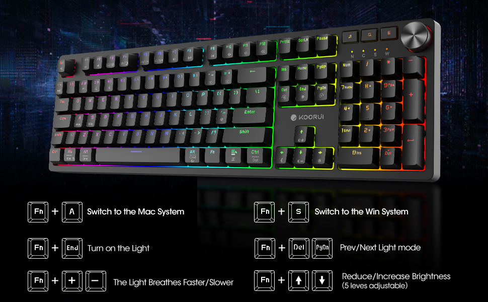 KOORUI Gaming Keyboards, 26 RGB Backlit Mechanical Keyboard Wired 104 ...