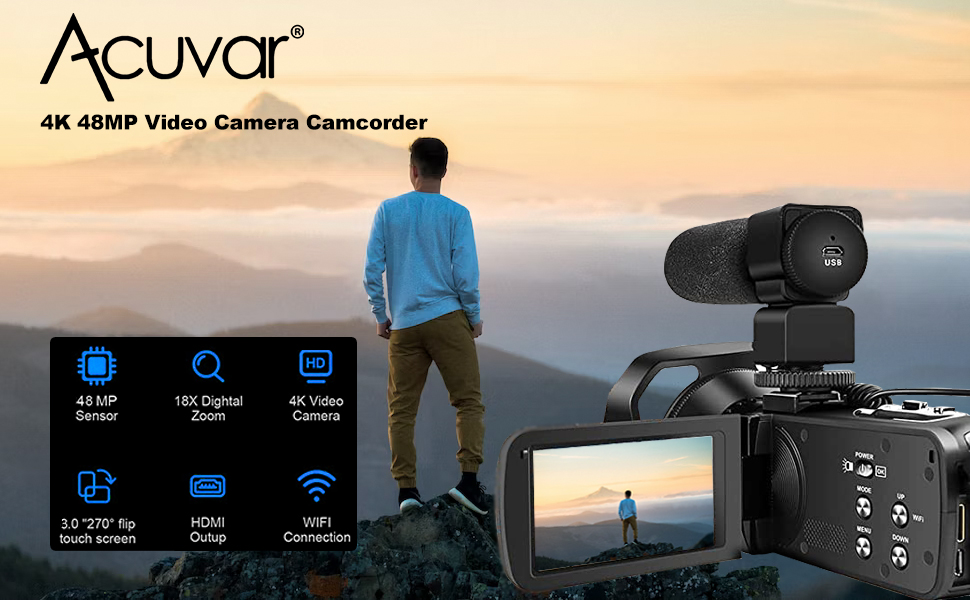 Amazon.com : Acuvar 4K Video Camera Camcorder 48MP Auto Focus 60FPS WiFi Vlogging Camera for ...