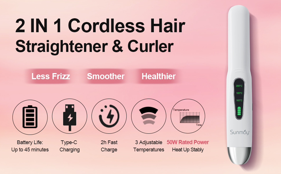 SUNMAY Voga 2 in 1 Cordless Hair Straightener and Curler, Travel Wireless Portable USB ...