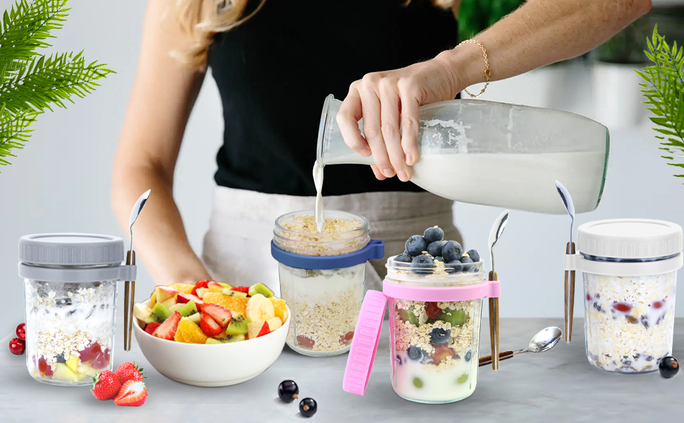 Kvittra Overnight Oats Containers with Lids and Spoons - 4 Pack Glass Mason Jars, 350ML Oats ...