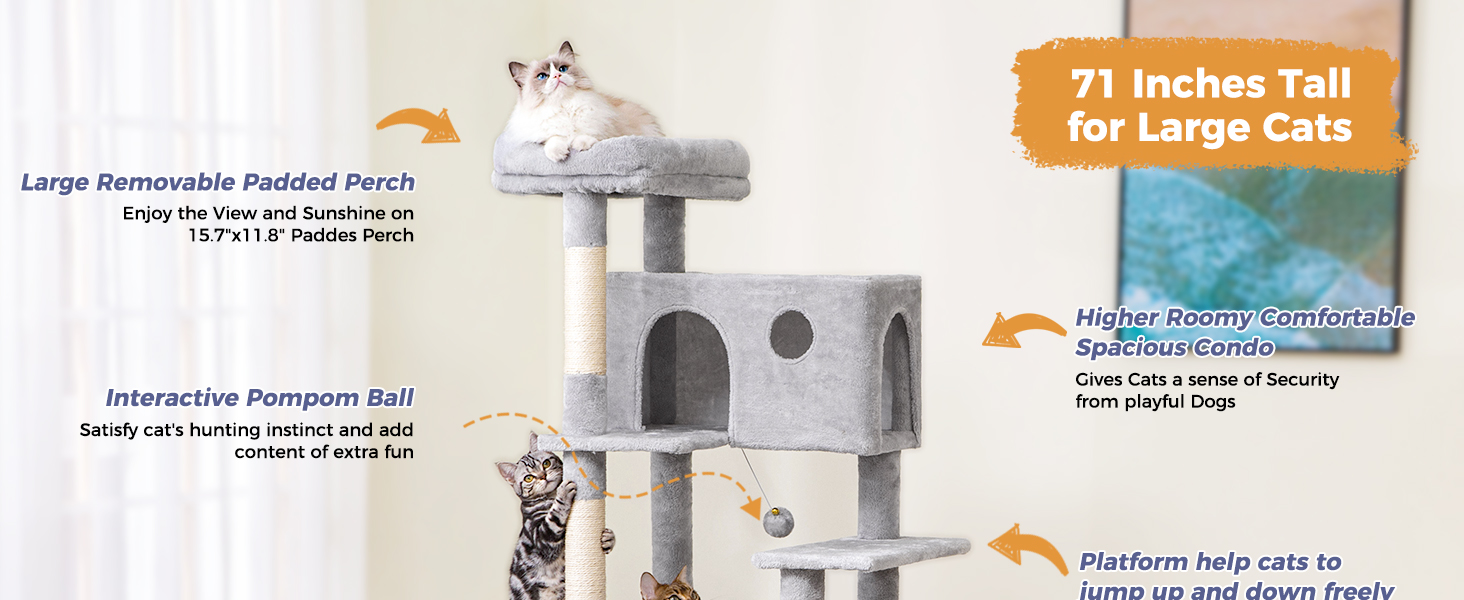 Amazon.com : Meow Sir Large Cat Tree for Large Cats 70 Inches Tall Cat Tower with Large Hammock ...