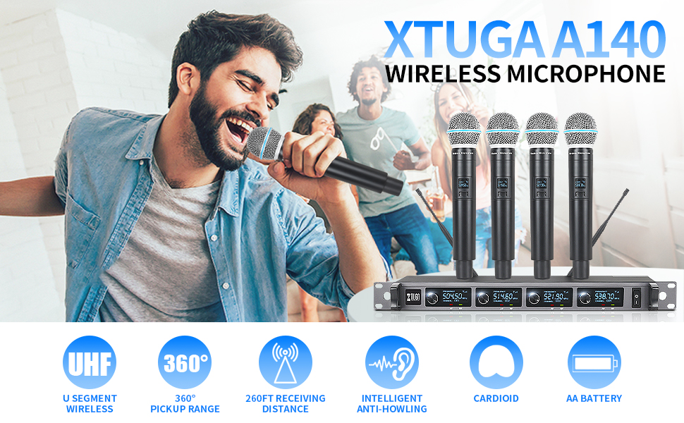 XTUGA Wireless Microphone System with 4 handheld microphone, 4-Channel UHF Cordless Microphone ...
