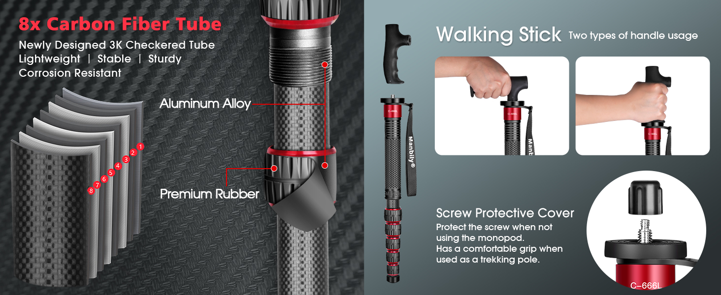 Amazon.com : Manbily Camera Monopod, C-666L 32mm Tube Carbon Fiber Monopod with Walking Stick ...