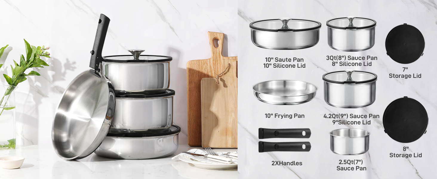 Amazon.com: CAROTE 12pcs Pots and Pans Set, Glossy Stainless Steel Cookware Set, Induction ...