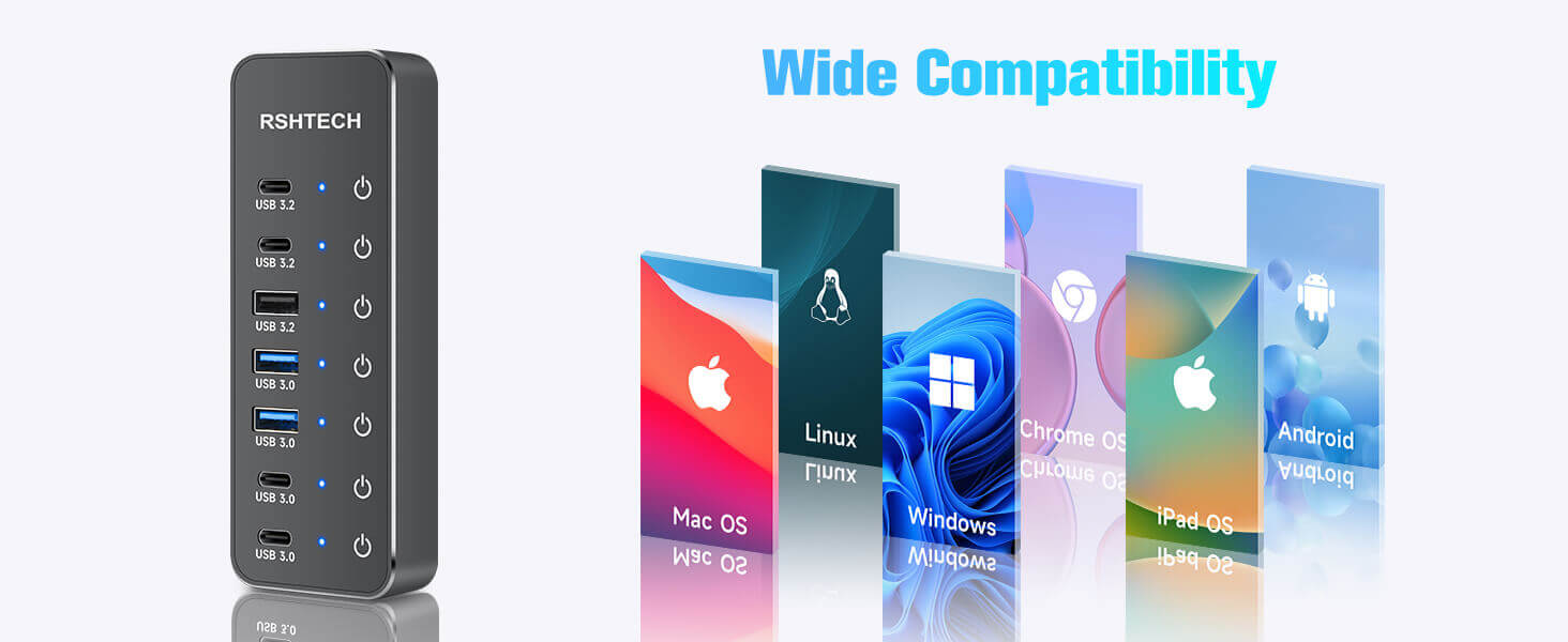 RSHTECH Powered USB Hub, 7-Port USB-C Hub Splitter with 3x 10Gbps USB 3 ...