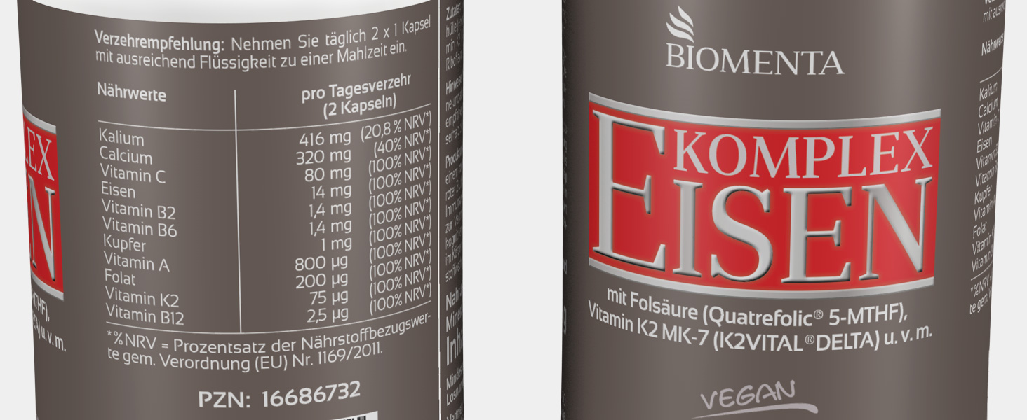 BIOMENTA Eisen Komplex – 120 Eisen Kapseln hochdosiert mit Vitamin C, Kupfer, Vitaminen A, K2 ...