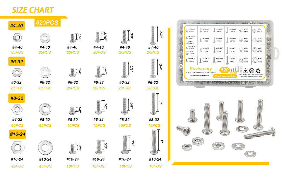 Kevinrooty 820Pcs 304 Stainless Steel Nuts and Bolts Assortment Kit, 10-24#8-32#6-32#4-40 ...