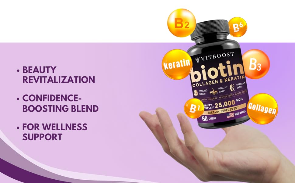 Amazon.com: VITBOOST Biotin with Hyaluronic Acid, Collagen and Keratin – 25000 mcg Hair Growth ...