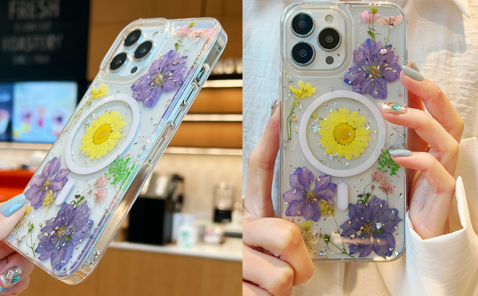 Amazon.com: ASONCE Cute Real Flowers Case for iPhone 16 Pro Max,Compatible with MagSafe,Clear ...