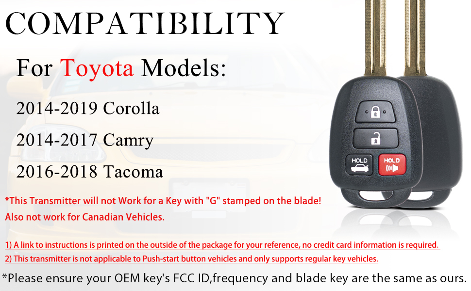 Amazon.com: Key Fob Remote Replacement Fits for Toyota Corolla 2014 ...