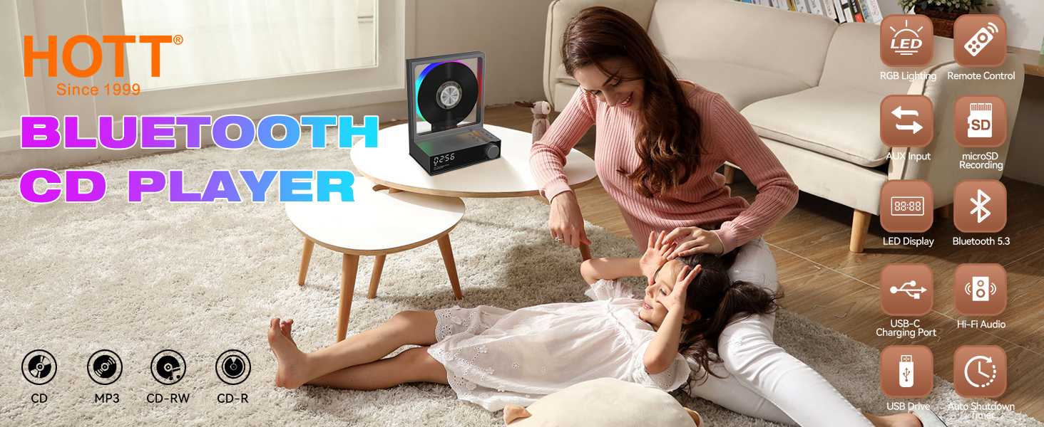 Amazon.com: HOTT Portable CD Player,Retro Bluetooth 5.3 CD Players for Home,Music Player with ...