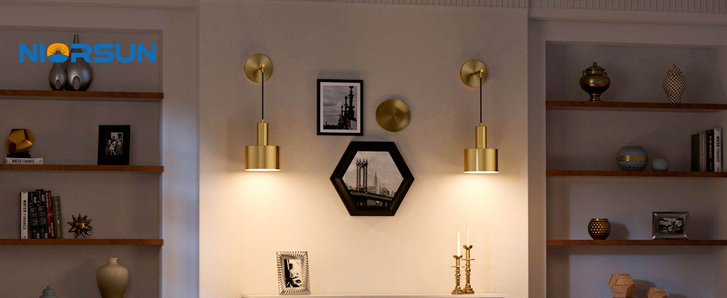 NIORSUN Battery Operated Wall Sconce Set of 2, Gold Wireless Rechargeable Wall Lights with ...