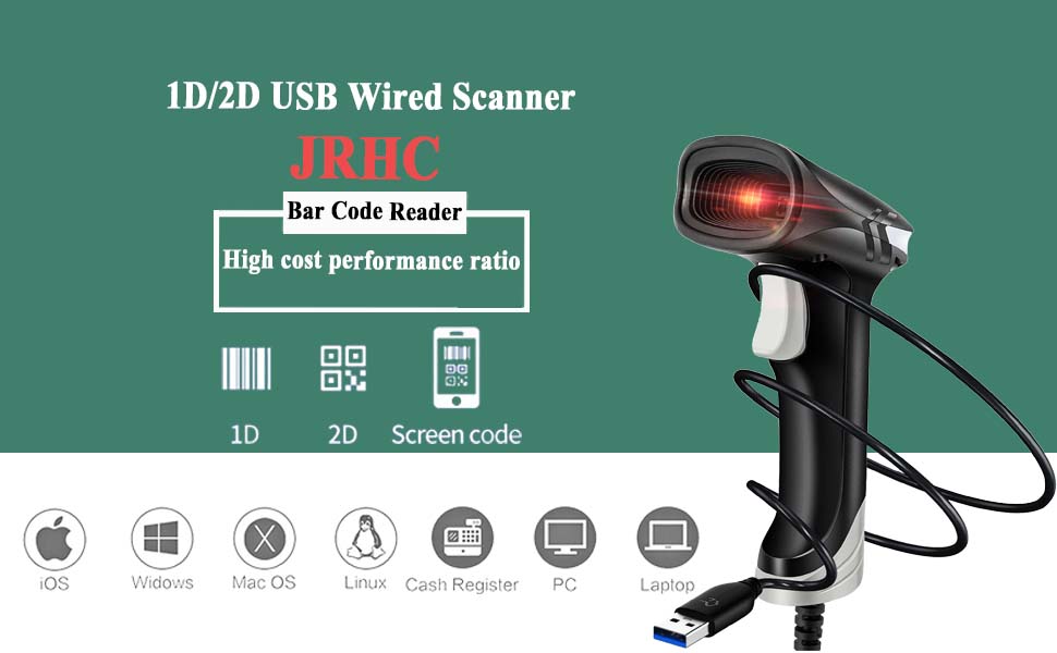 Amazon.com : JRHC Barcode Scanner,USB Wired QR Bar Code Scanner 2D Handheld Inventory Scanner ...