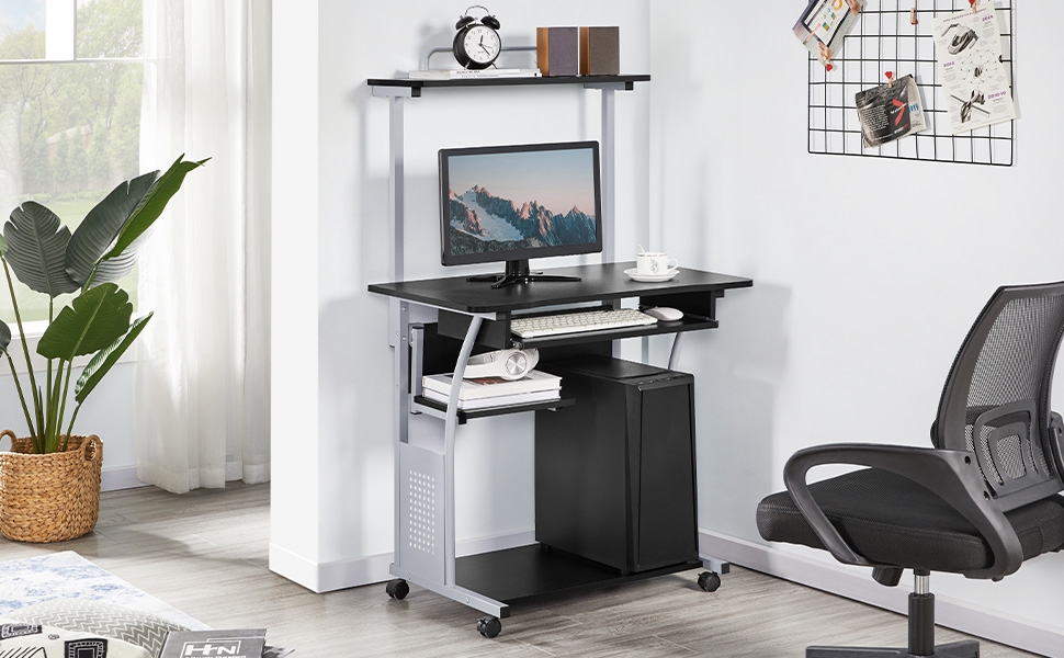 Yaheetech Schreibtisch mit Druckerregal Computertisch schwarz PC Tisch mit 4 Rollen 80 x 50 x ...