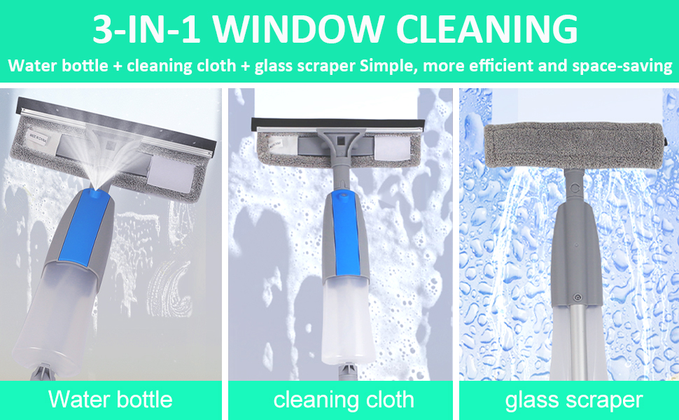 Jubor Window Squeegee with Spray, 3 in 1 Window Cleaner with Telescopic Handle, 190cm ...