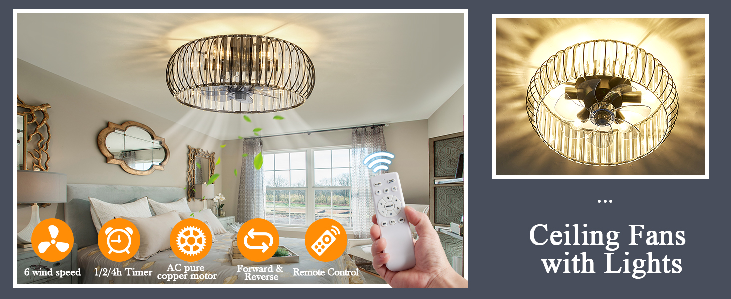 YYJLX Crystal Ceiling Fan Light Moren Low Profile Flush Mount Smart 18 ...