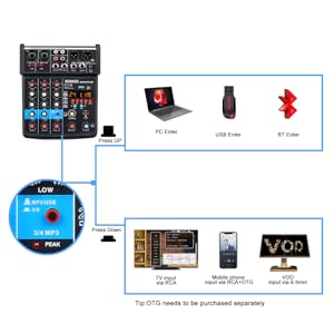 BOMGE 4-Kanal-Mini-DJ-Audio-Sound-Mixer, Interface mit MP3, USB, Bluetooth, Stereoaufnahme, 48-V ...