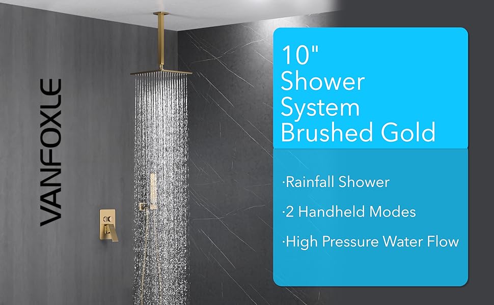 VANFOXLE Shower Faucets Sets Complete Brushed Gold Shower System, Push Button Diverter Ceiling ...
