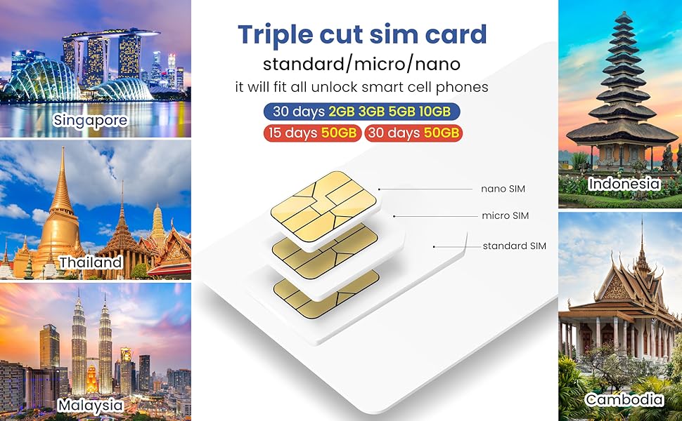Amazon.com: 5GB 30 Days Asia SIM Card for Singapore, Malaysia, Thailand, Vietnam, Indonesia, 4G ...