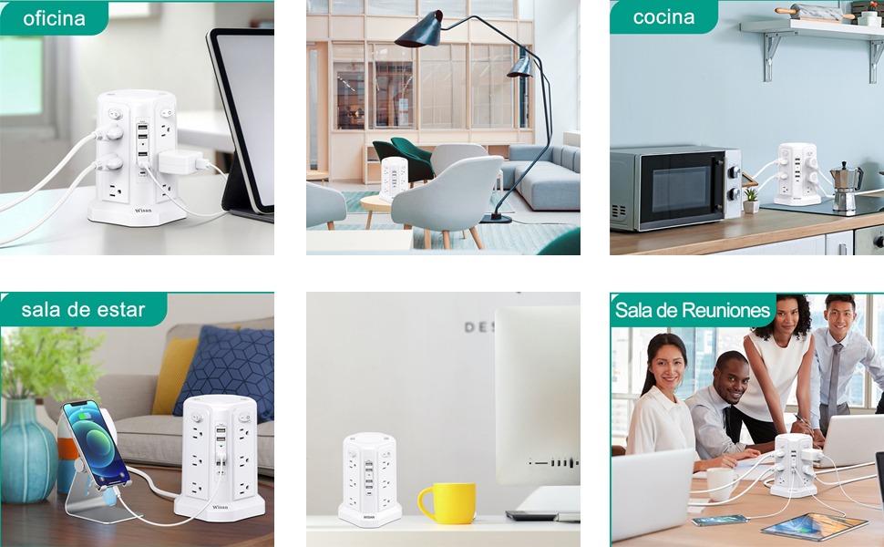 WISAN Regleta Vertical Torre sobretensión de 12 Tomas, con 4 Puertos de Carga USB-A y 1 USB-C ...