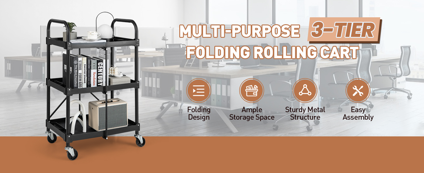 Amazon.com: Goplus Folding Utility Cart, 3-Tier Rolling Tool Cart w/Lockable Wheels, 300LBS ...
