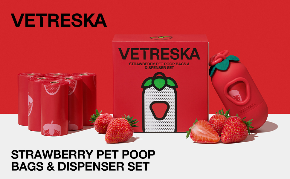 VETRESKA Dog Poop Bag Dispenser with Strawberry Scented Bags, Leak Proof, Extra Thick and Large ...