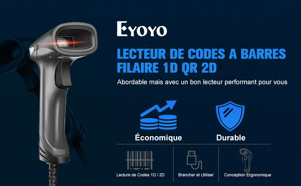 Eyoyo Lecteur Codes Barres Filaire 1D QR 2D Scanner Codes Barres USB Portable CCD PDF417 Data ...