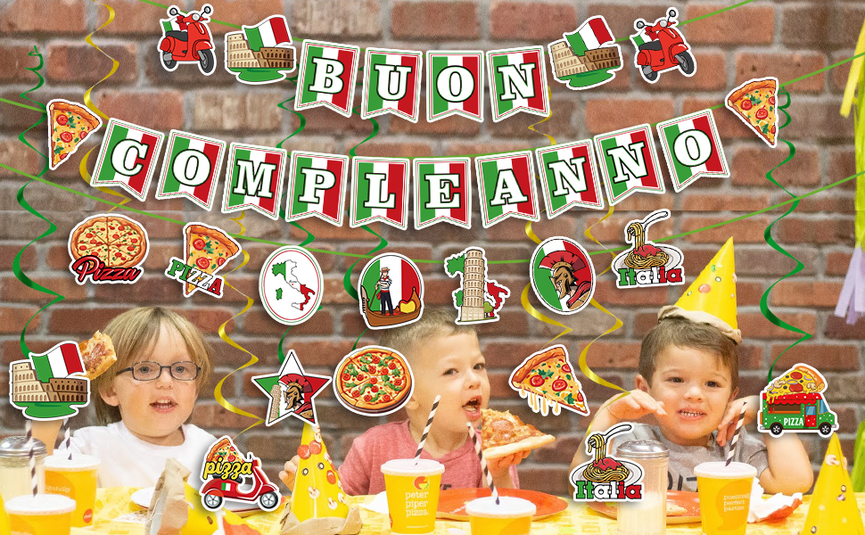 Amazon.com: Italian Pizza Party Decorations - Buon Compleanno Banner with Hanging Swirls Pizza ...