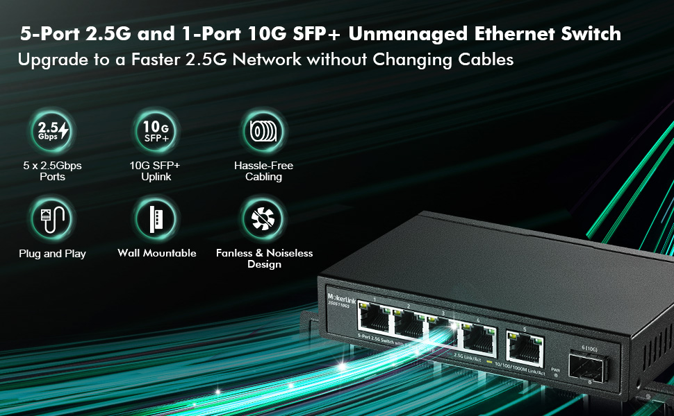 MokerLink 5 Port 2.5G Ethernet Switch mit 10G SFP, 5 x 2.5G Base-T Ports kompatibel mit 10/100 ...