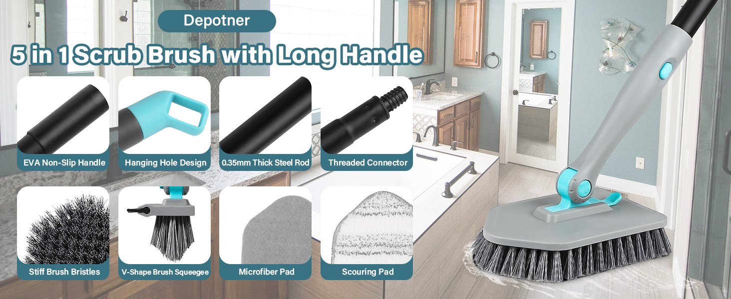 Scrubbing Brush Long Handle, 5 in 1 Hard Bristle Shower Scrubber with ...