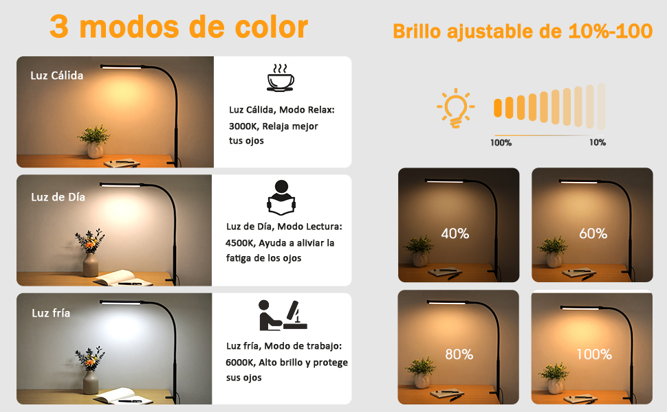 OIOSEN LED Lámpara de escritorio con pinza, largo cuello de cisne flexible de metal USB Lámparas ...