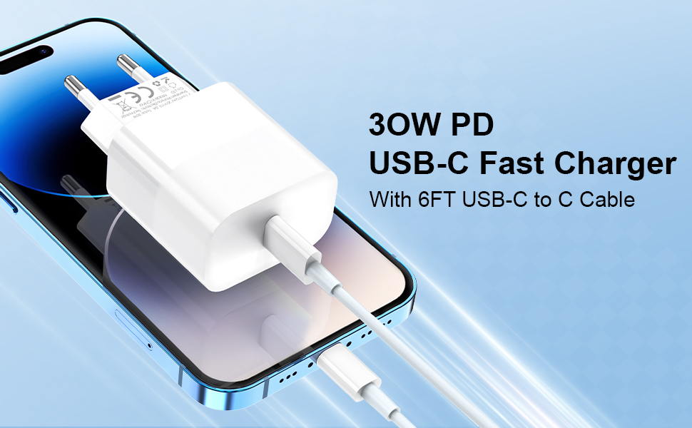 Amoner Caricatore 30W con Cavo USB-C da 2m, Ricarica Rapida per iPhone 17/16/15, Samsung Galaxy ...