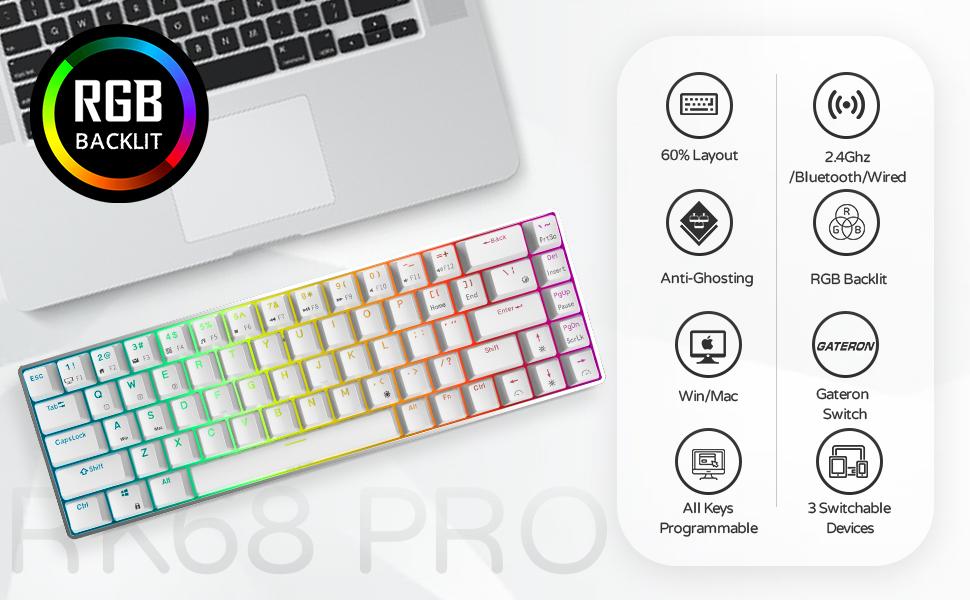 RK ROYAL KLUDGE RK68 Pro Mechanical Keyboard, 2.4Ghz Wireless/Bluetooth/Wired Gateron Blue ...