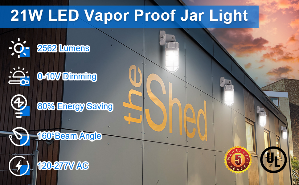 21W LED Vapor Tight Jelly Jar Light, 5000K Industrial Wall/Ceiling Mount Vapor-Proof Light, IP65 ...