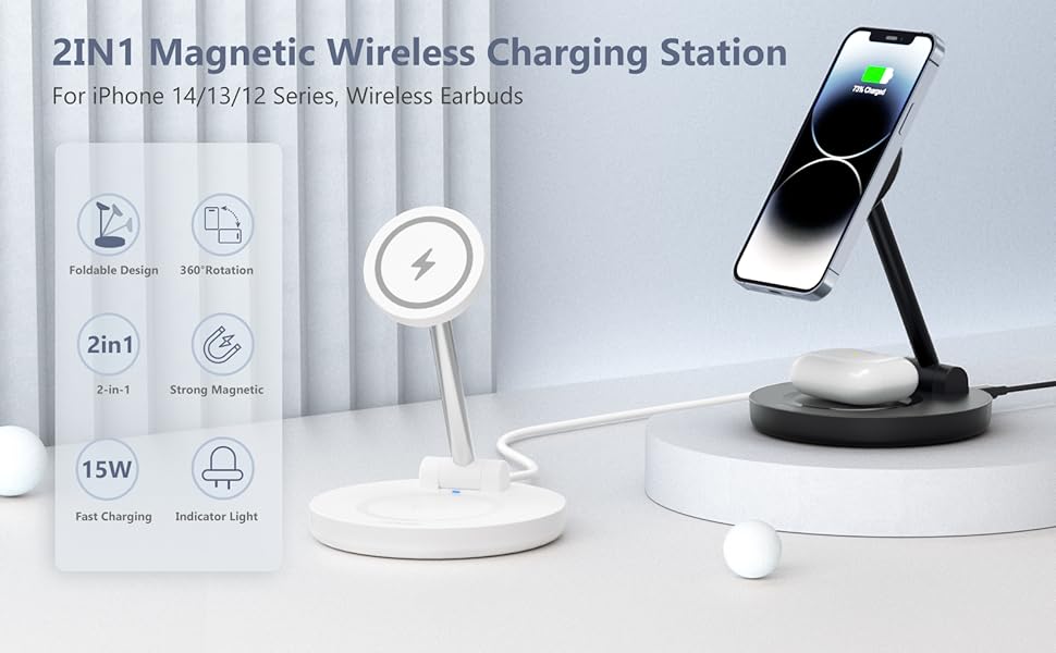 Amazon.com: Magnetic Wireless Charging Station for Apple,2 in 1 Fast Mag-Safe Wireless Charger ...