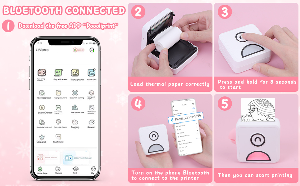 Poooli L1 Mini Drucker 丨 Tragbarer Fotodrucker 200dpi mit 10 Rollen Thermopapier 丨 Handy Drucker ...