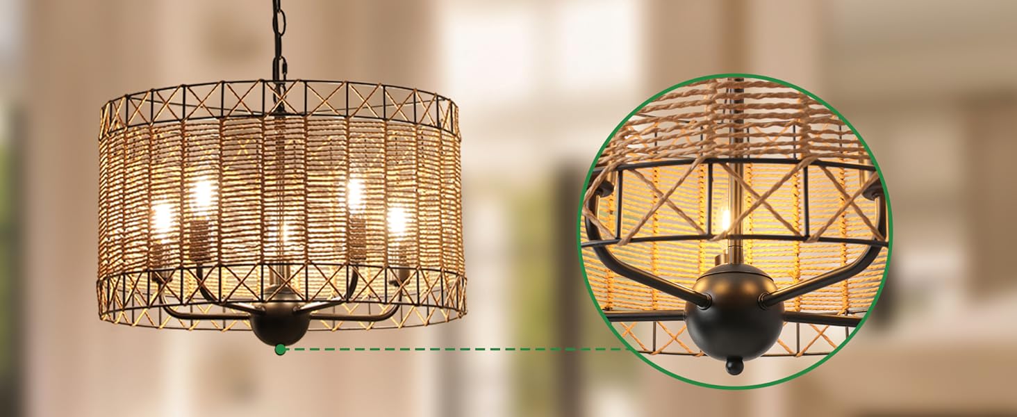 Linour Rattan Farmhouse Chandelier Light: 5-Lights Boho Large Pendant ...