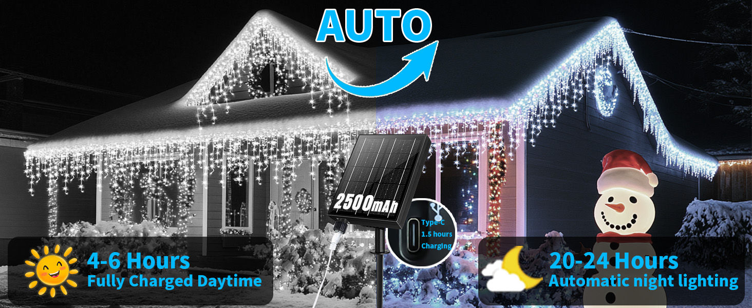 RJEDL Outdoor Solar Christmas Icicle Lights 18+5m/75.5ft 600 Led Solar ...