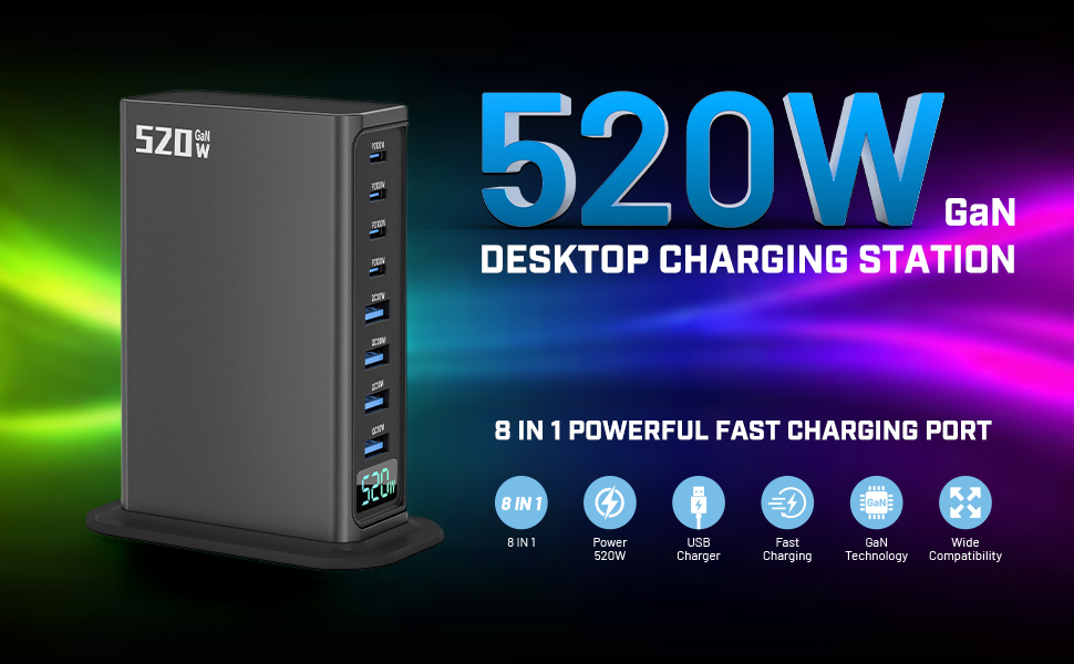 Amazon.com: 520W USB C Charger Block, 8 Ports GaN Fast Charging Station Hub, PD 100w Type C ...