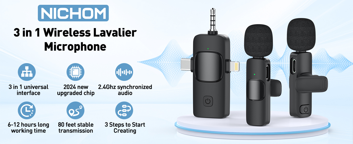 Amazon.com: NICHOM 3 in 1 Wireless Microphone for iPhone, iPad, Android, Camera, Mini ...