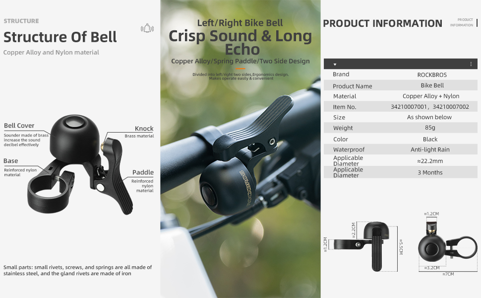 ROCKBROS Bike Bell Durable Copper Alloy Bicycle Bell with Clear&Long Sound, Bike Ring Bell for ...