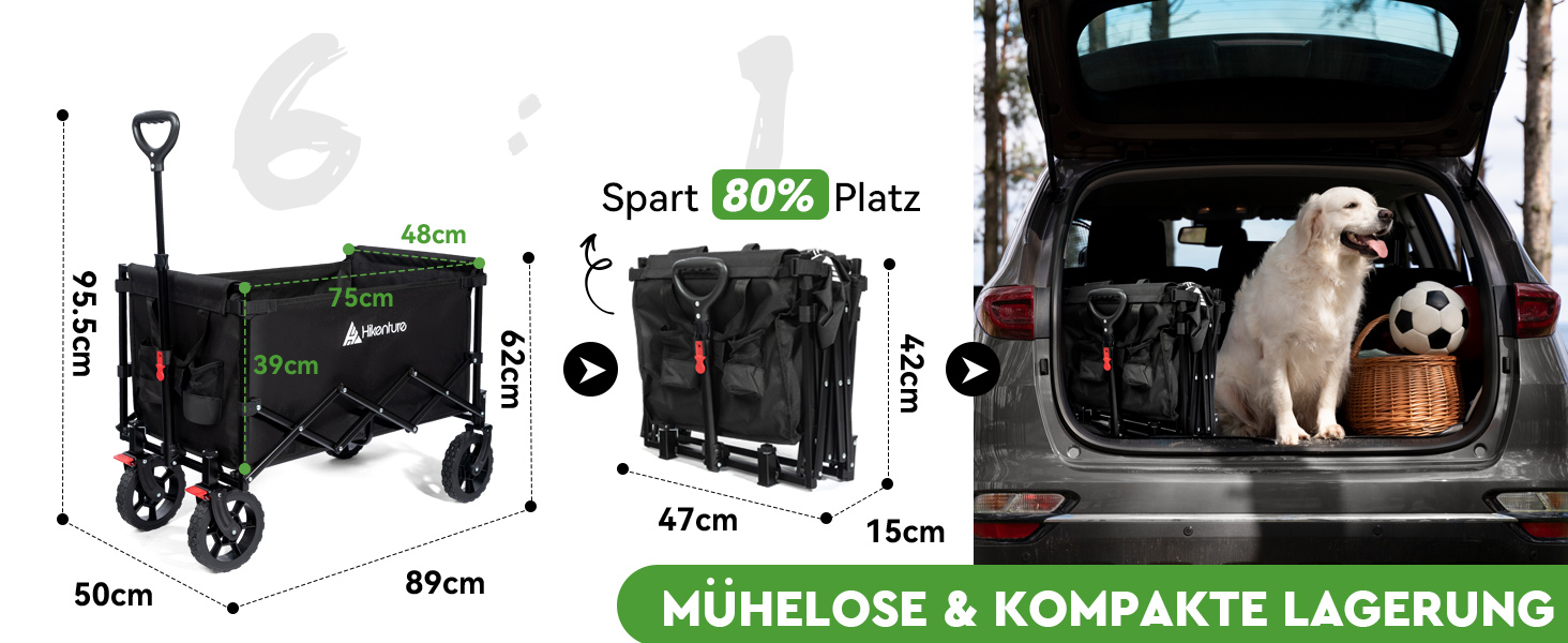 HIKENTURE Bollerwagen Faltbar mit Bremen - 140 Liter Volumen & 150KG belastbar - Extrem ...