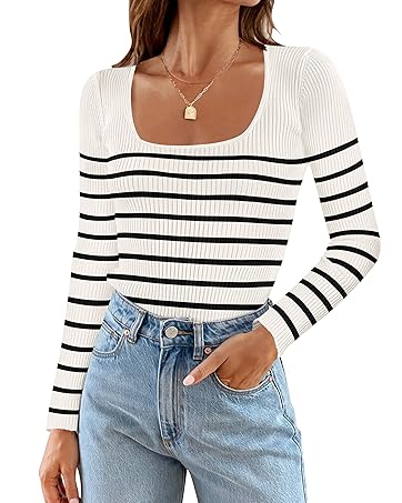 ZESICA Women's Ribbed Long Sleeve Sweater Square Neck Knit Tops 2024 ...