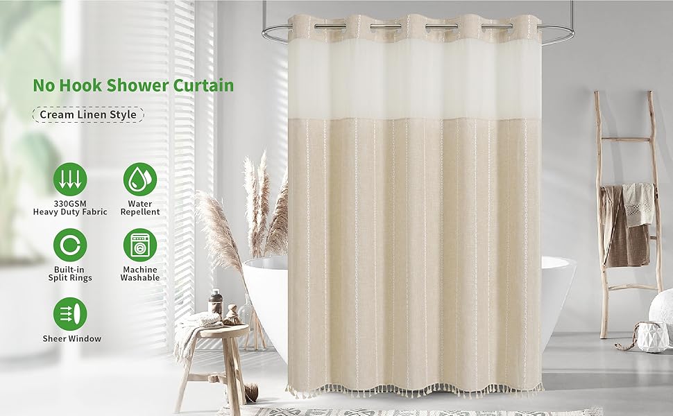 Amazon.com: eachope Boho Farmhouse No Hook Shower Curtain Set with Snap-in Fabric Liner,Heavy ...