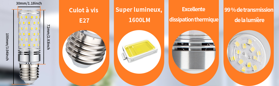 Tomosu Ampoule LED E27 Blanc Froid 6000K 1600LM, 16W Ampoules LED Intérieur E27 Équivalent 150W ...