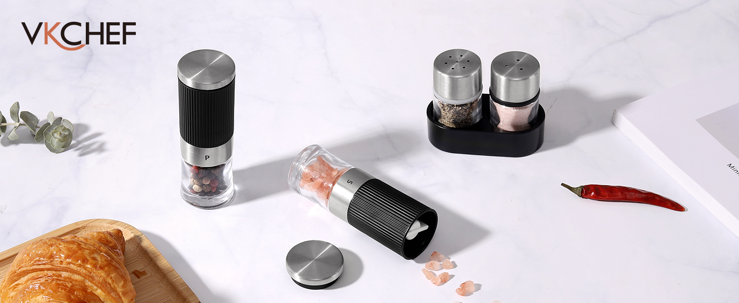 Amazon | VKCHEF ミニ ペッパーミル 胡椒ミル 2個セット と 調味料入れ 2個セット 岩塩ミル ソルトミル 軽い調味料ミル セラミック 小型ポータブル スパイスミル 粗細調節 ...