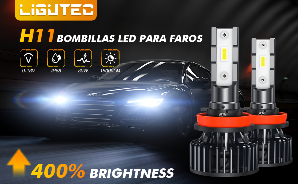 Focos Led H11 Alta y Baja, Ligutec Aluminio H11 Faros Led Para Auto 18000LM 400% Luminosidad 80W ...